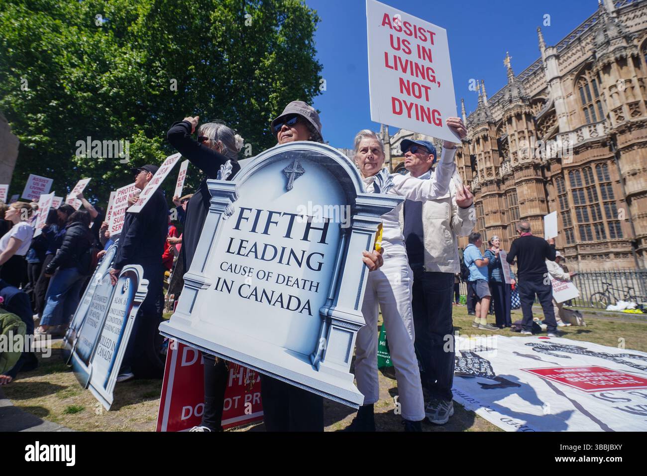 London, UK. 16 May 2025. Protesters gather outside Parliament to show ...