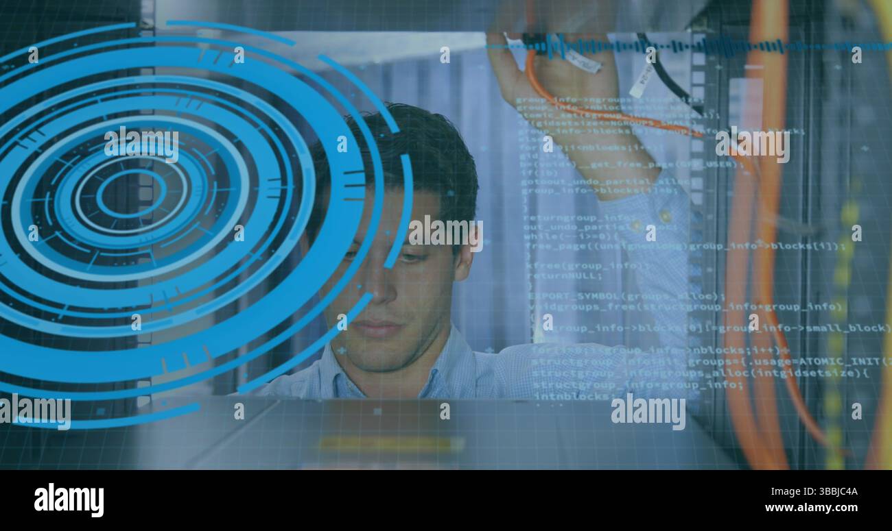 Inspecting Asian man checking patch cables in data center, with digital ...