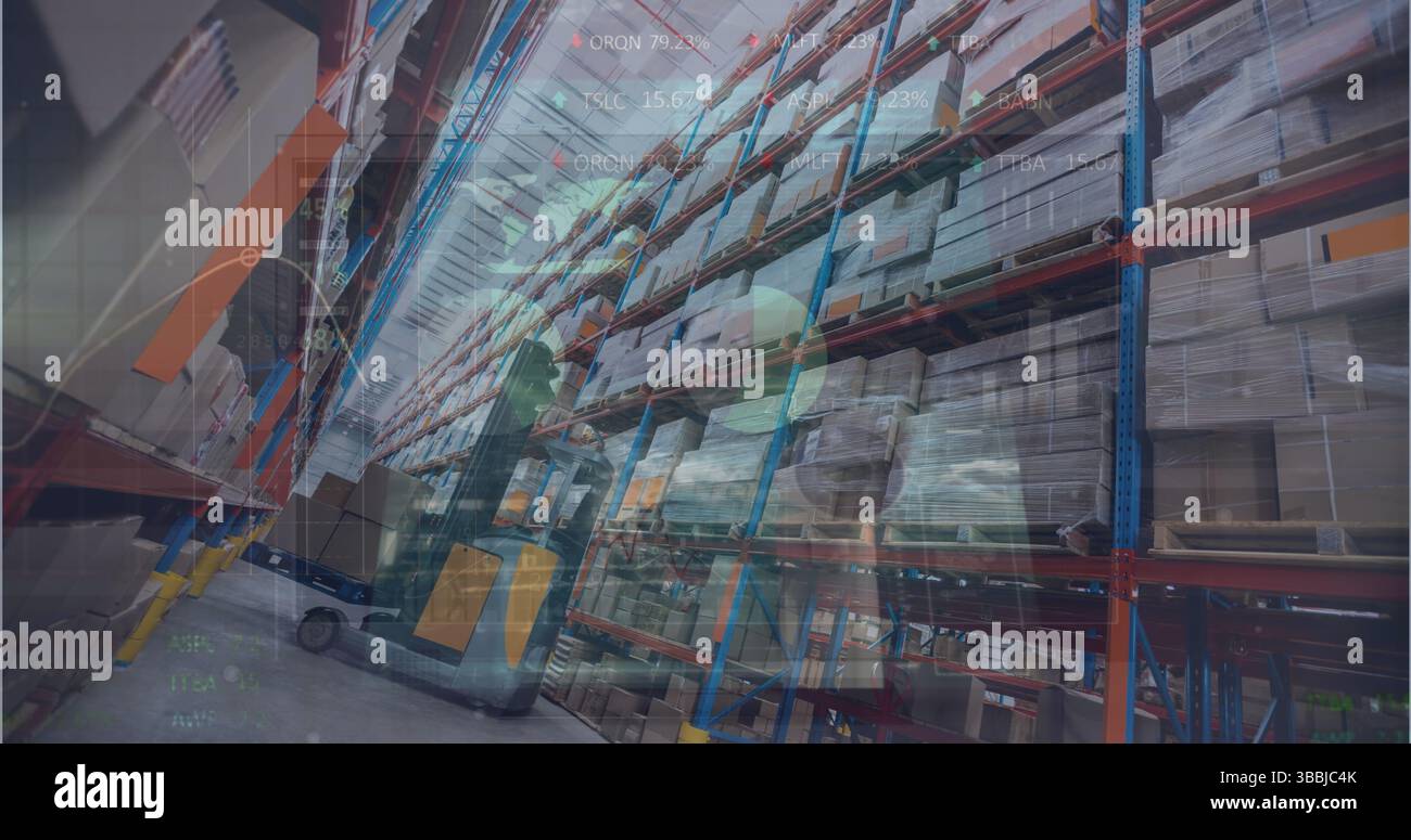 Operating Warehouse Worker Driving Pallet Jack Among Storage Racks With Data Overlay Copy