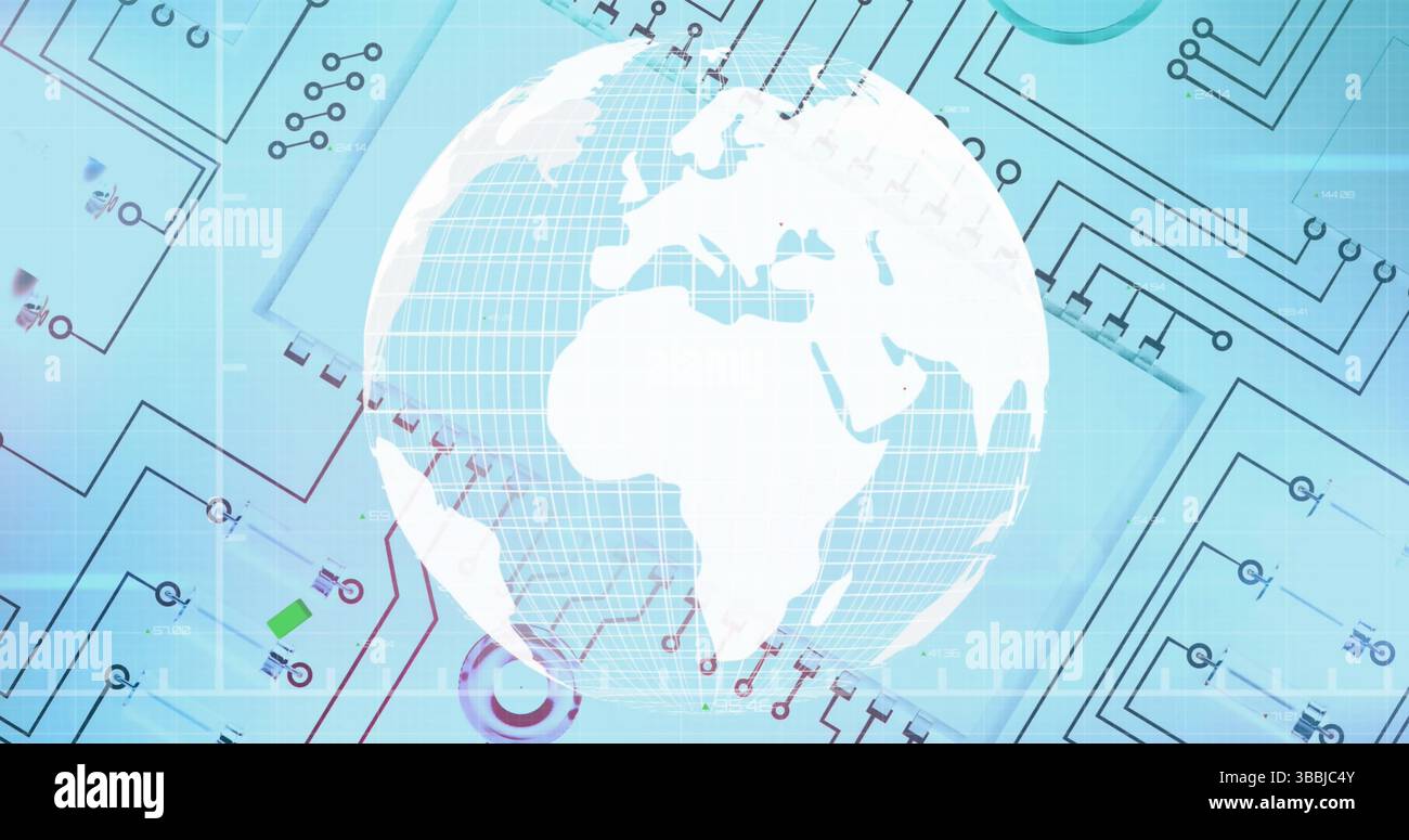 Featuring wireframe globe hovering in digital interface, with circuit ...