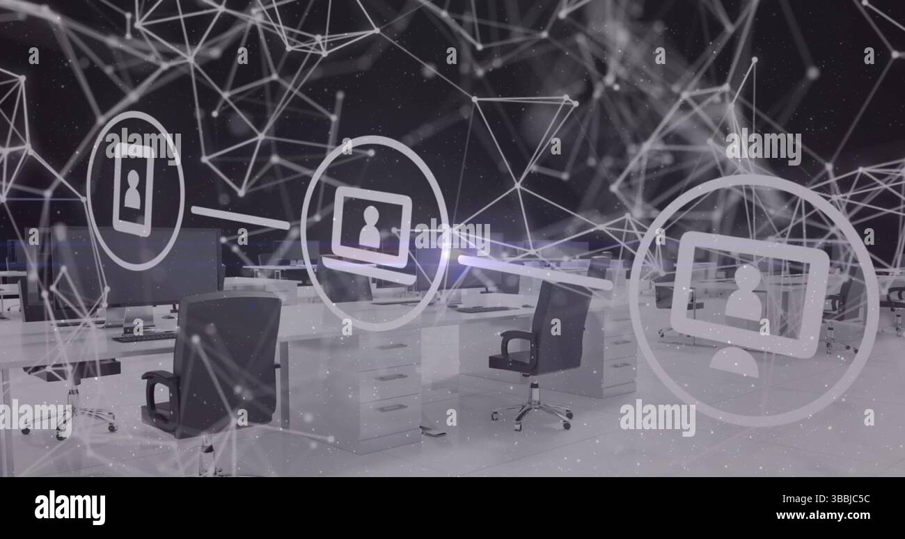 Floating semi-transparent digital network overlay above office desks ...