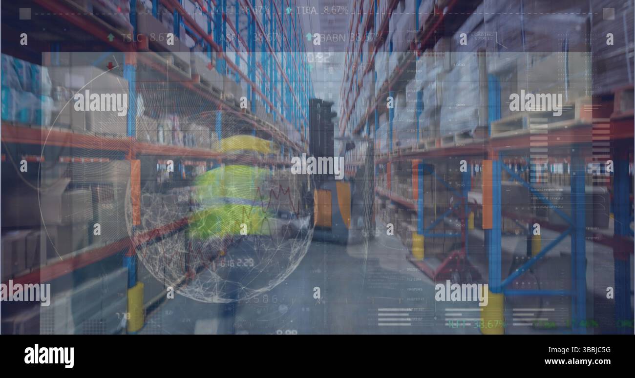 Operating warehouse worker controlling pallet stacker in aisle, with ...