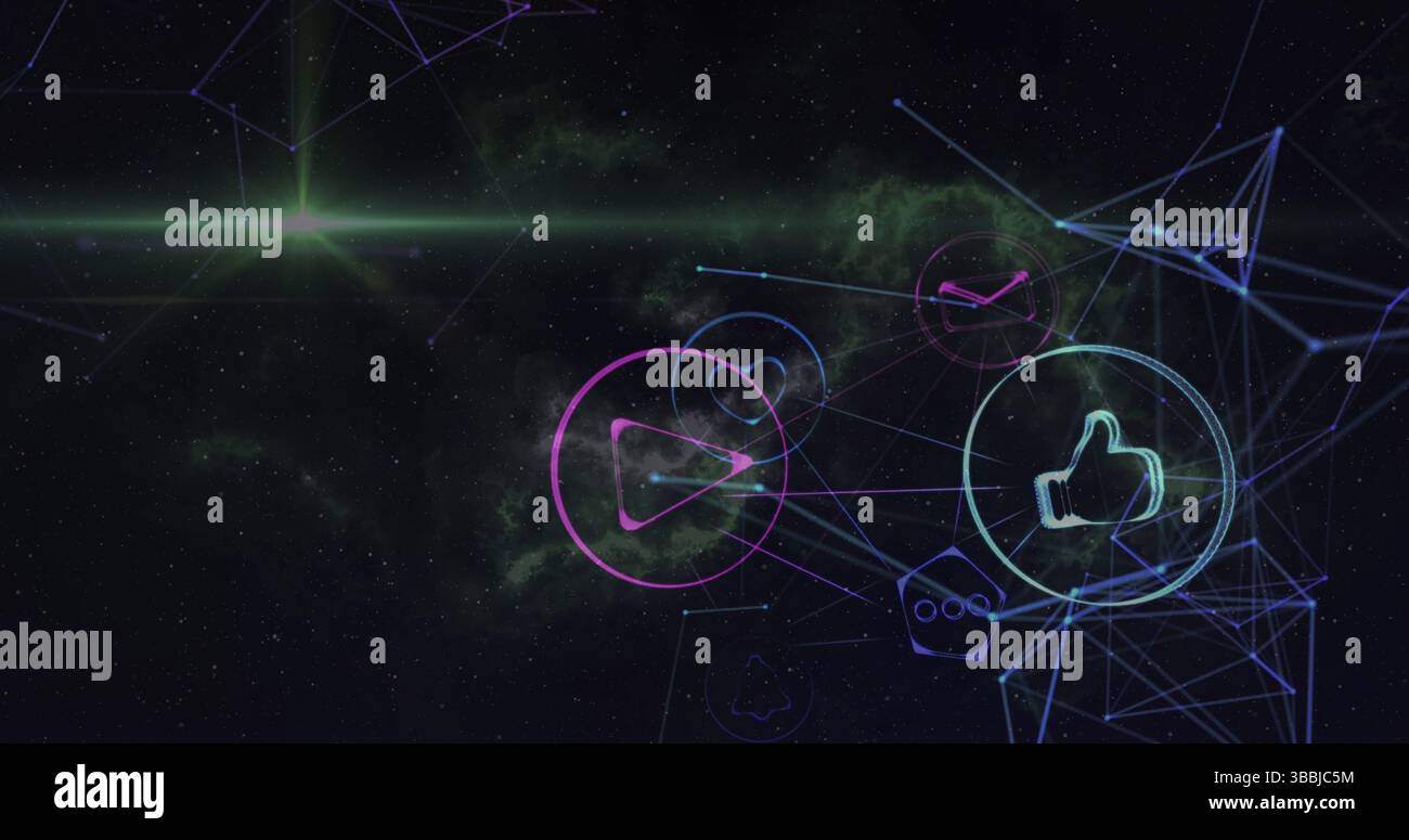 Displaying magenta play button icon floating in cosmic network in outer ...