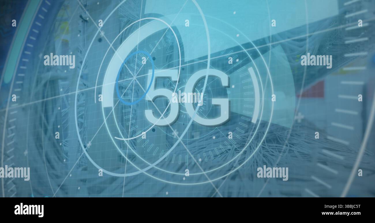 Displaying digital 5G overlay pulsing in data center, with network ...
