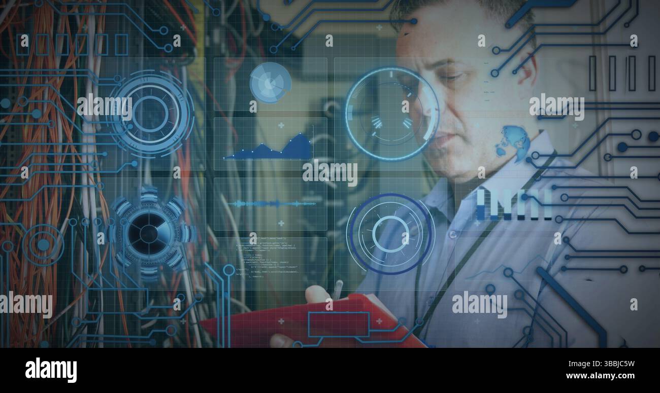 Inspecting IT tech holding red clipboard, monitoring network cables at ...
