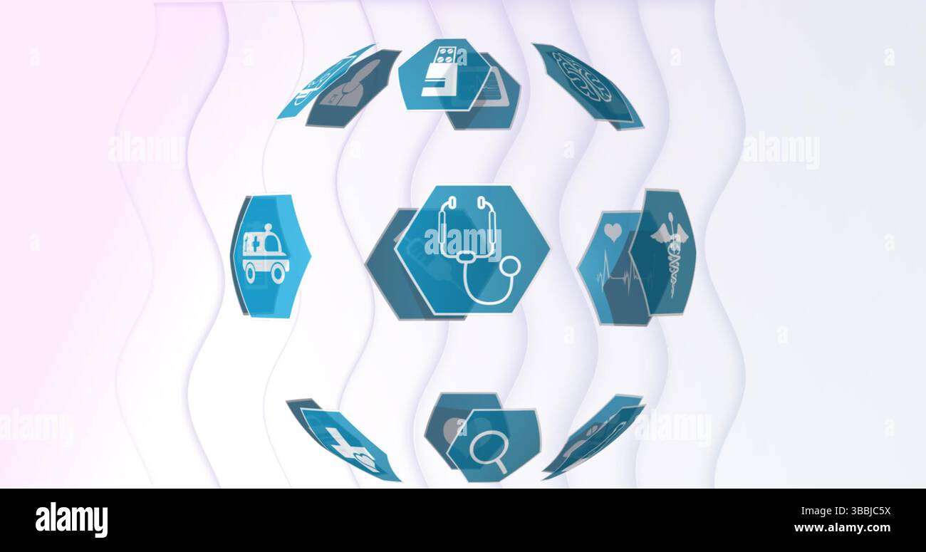 Floating spherical grid displaying blue medical hexagon icons in ...