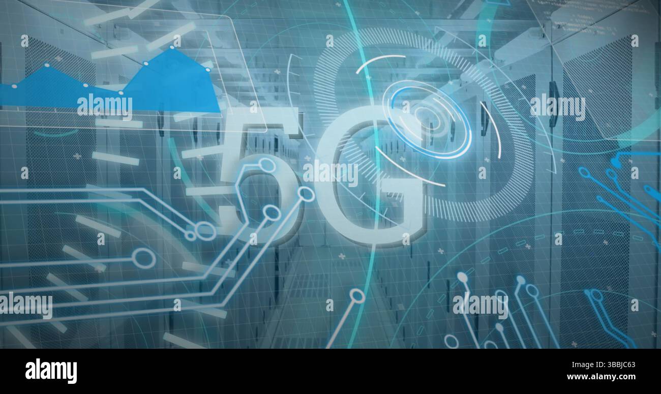 Displaying large 5G hologram floating above floor in data center corridor, with server racks ...