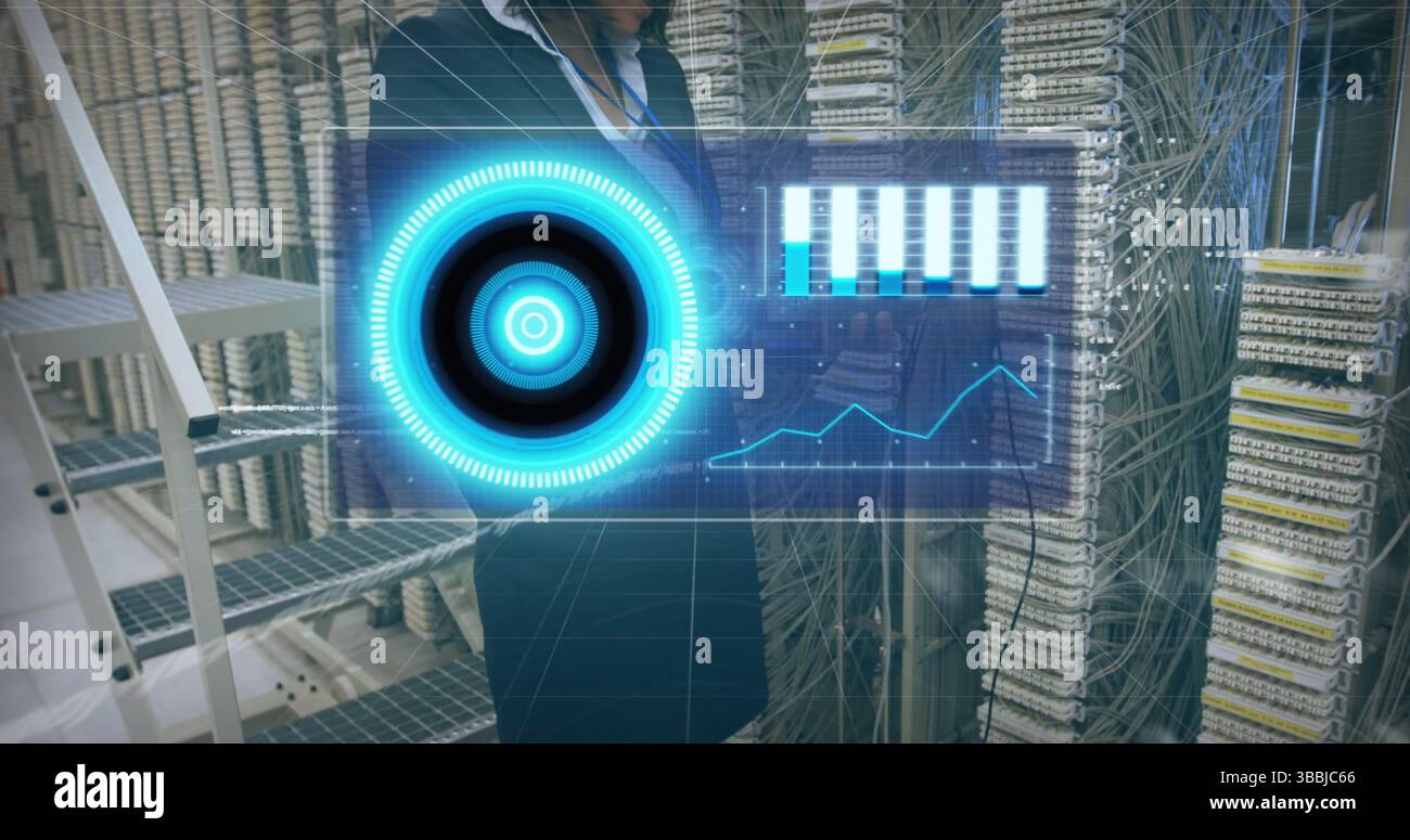 Manipulating floating digital interface, woman working server room with ...