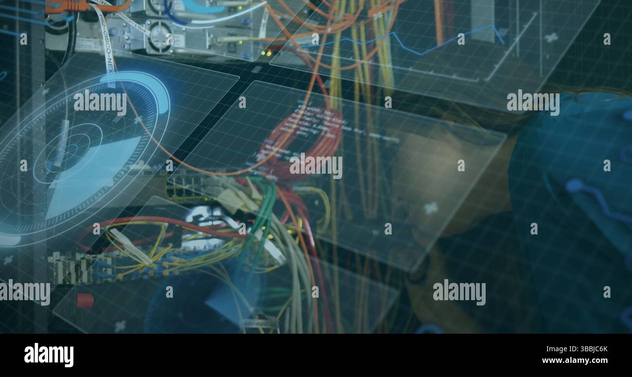 Displaying colorful patch cables with RJ45 connectors at server rack ...