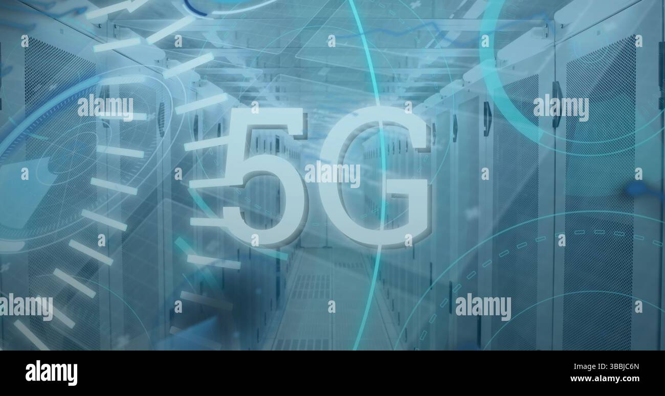 Floating 5G text hovering above grated floor in data center corridor, with server racks Stock ...