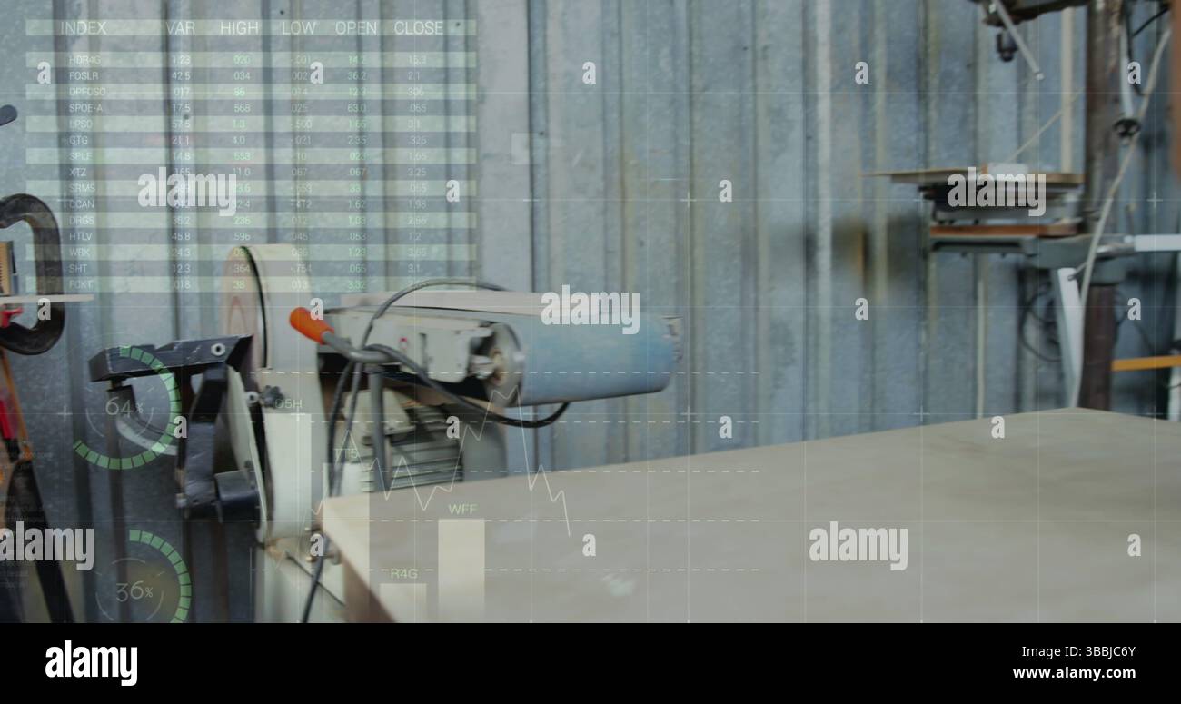 Showing belt sander rotating sanding belt at workshop bench, with data ...