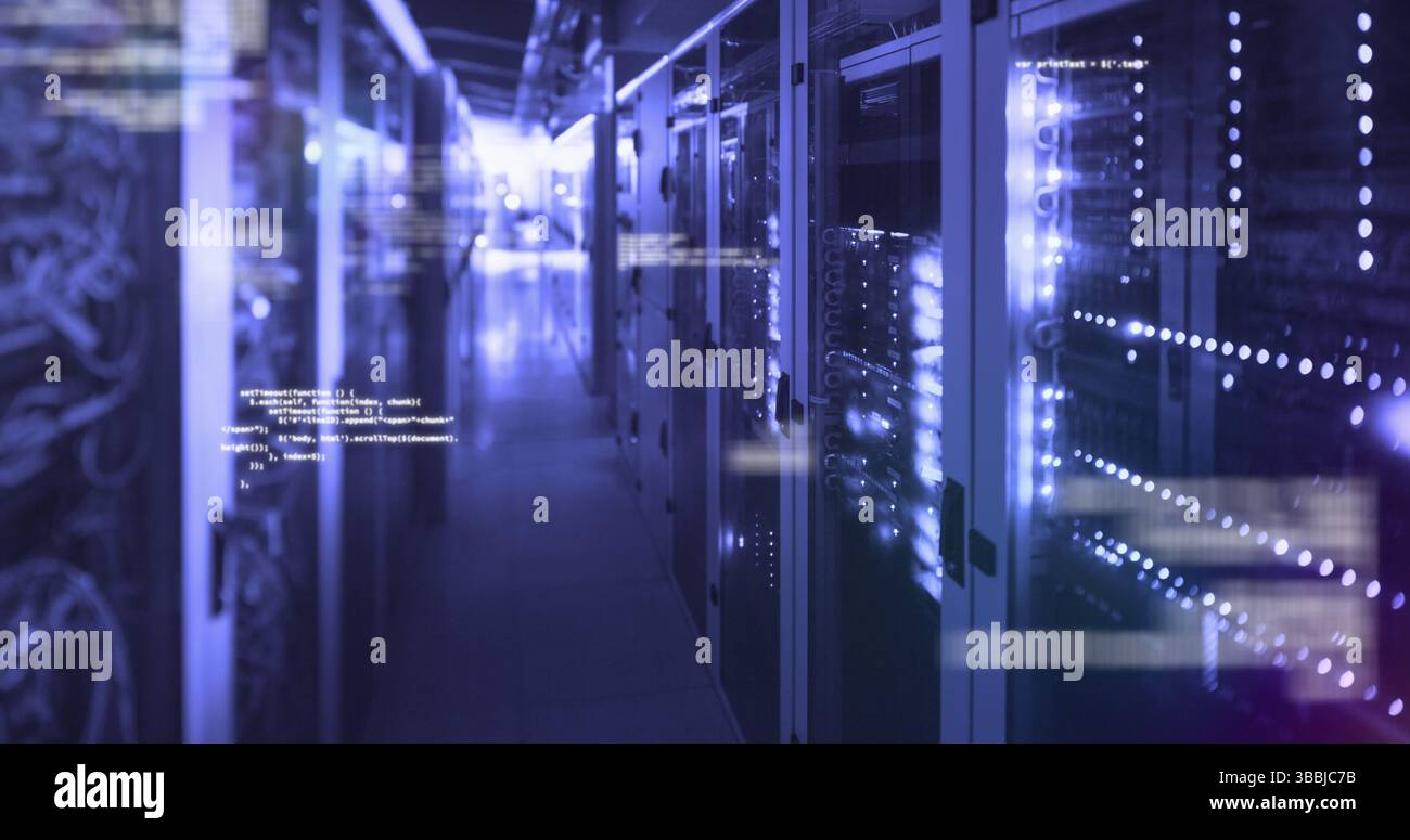 Housing server rack showing network cables in data center corridor, with blinking LEDs, copy ...