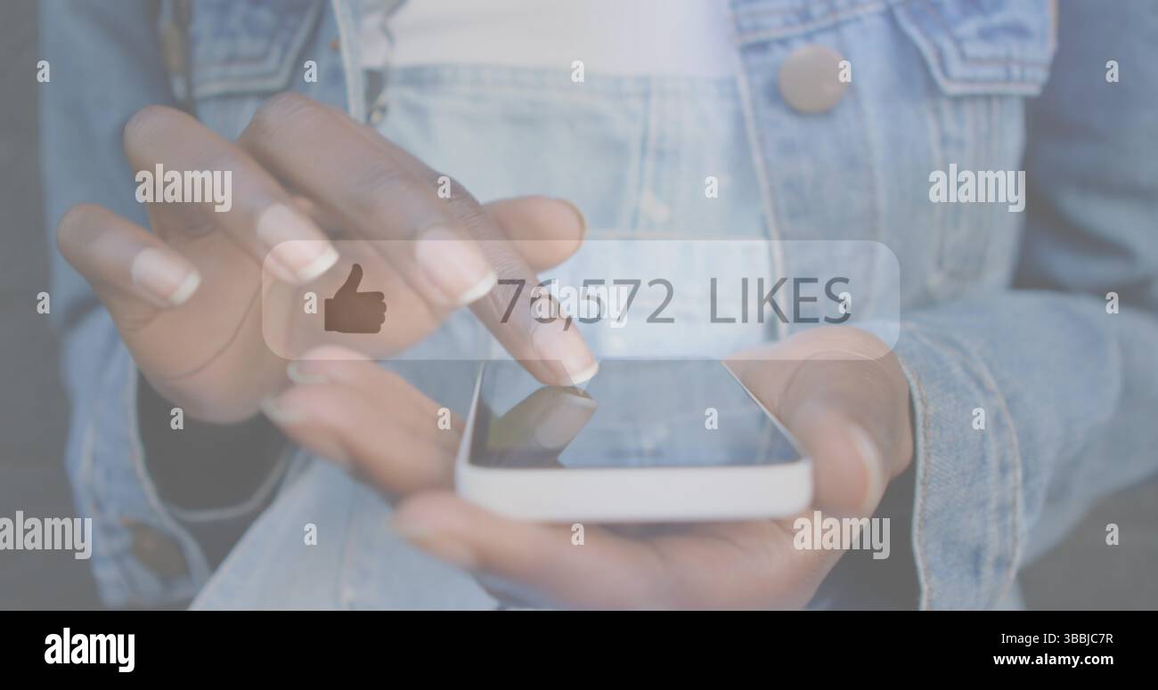 Tapping hands holding white smartphone on grey background, showing ...