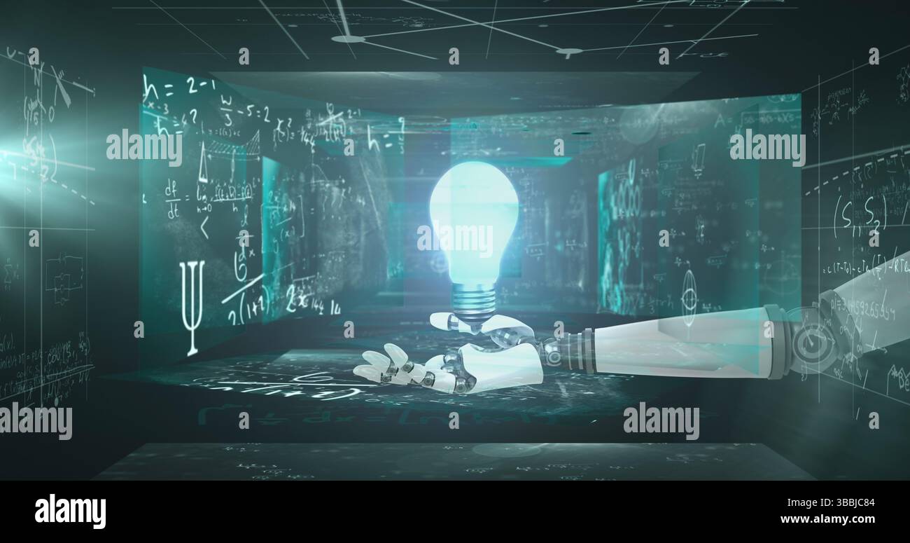 Extending sleek robotic arm holding glowing light bulb in future lab ...