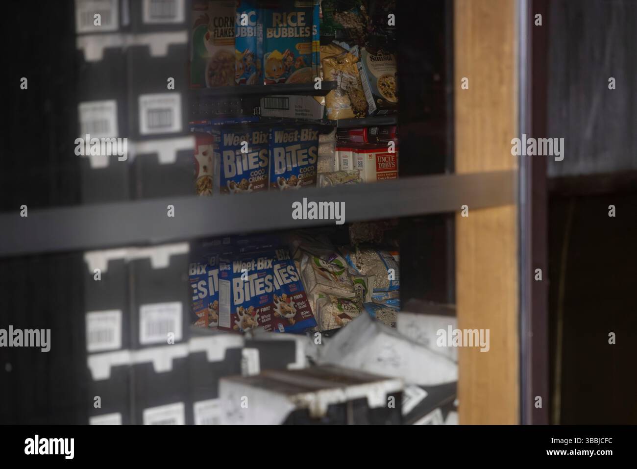 Melbourne, Australia. 16th May, 2025. Slightly burned cereal boxes and ...