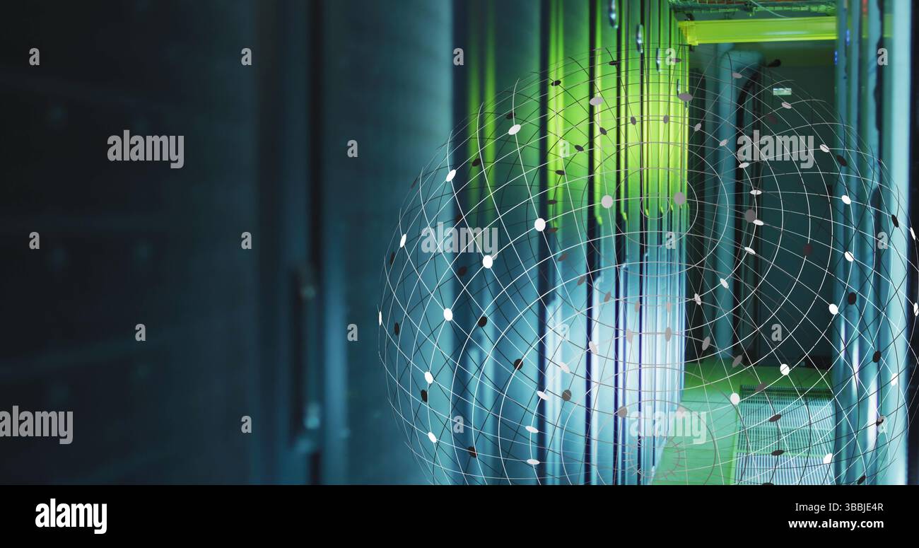 Image of globe rotating over servers Stock Photo - Alamy