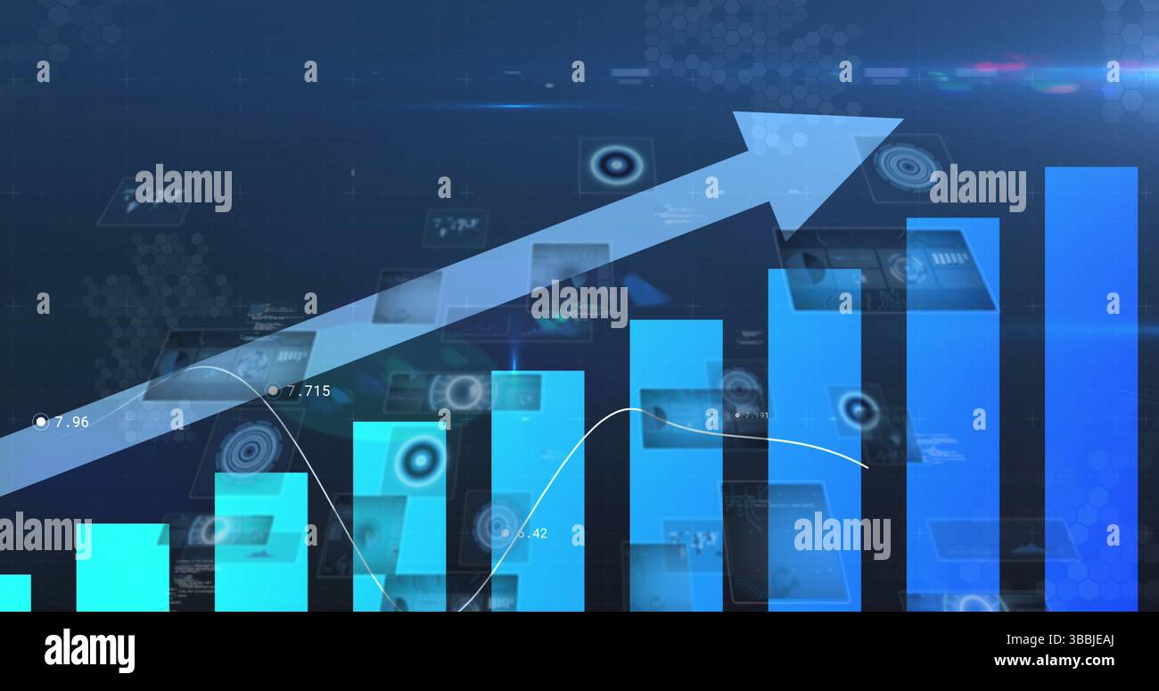 Image of blue arrow, graph with data processing and scope scanning over ...