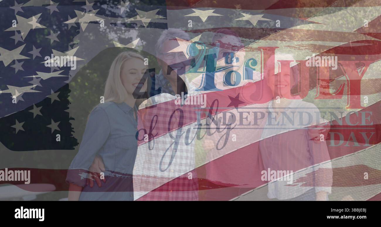 Image of usa flag over senior caucasian friends smiling at camera Stock ...