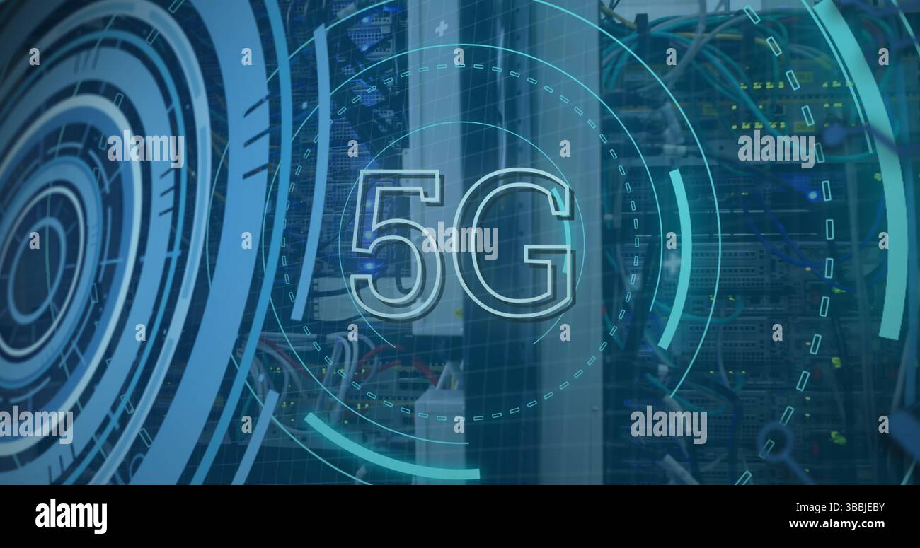 Image of processing circle and 5g over computer wires Stock Photo - Alamy