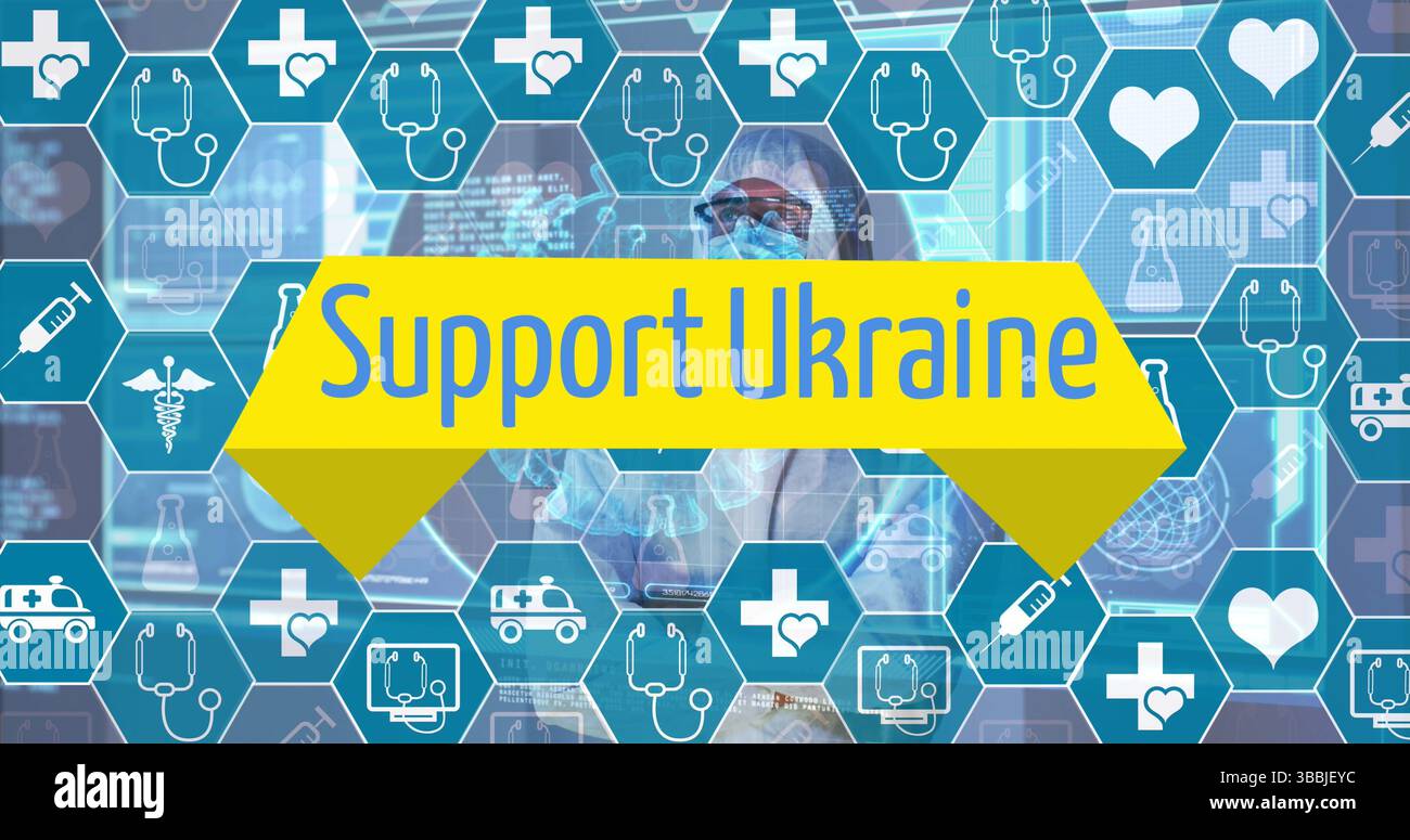 Image of support ukraine text with medical icons and data processing ...