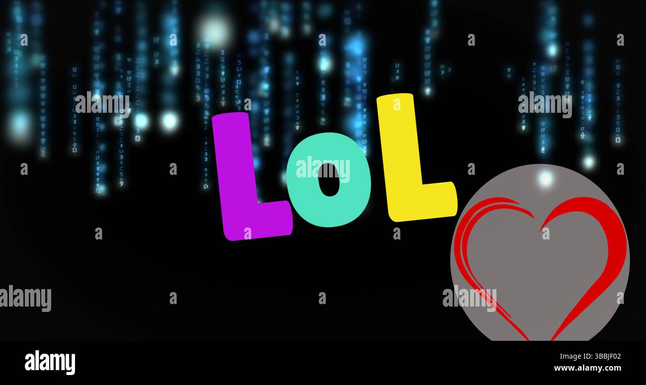 Image of lol text with heart icon over light spots on black background ...