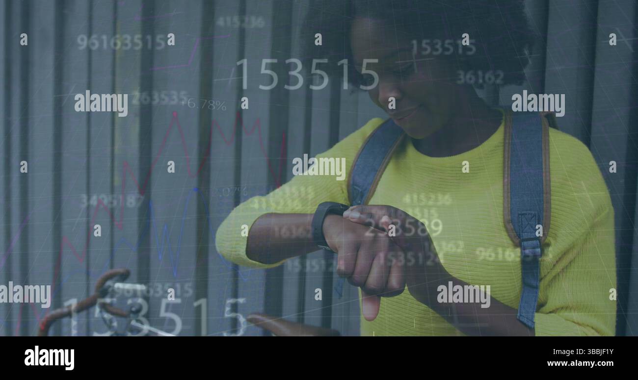 Multiple changing numbers floating over african american woman using ...