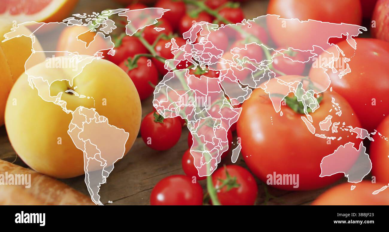 Image of world map over fruits and vegetables Stock Photo - Alamy