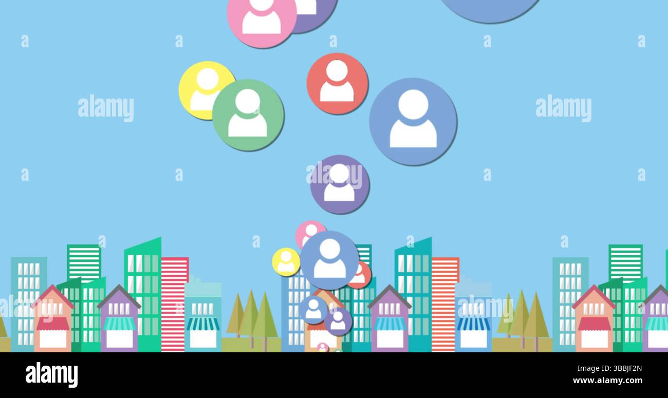 Image of social media icons floating over cartoon cityscape on blue ...