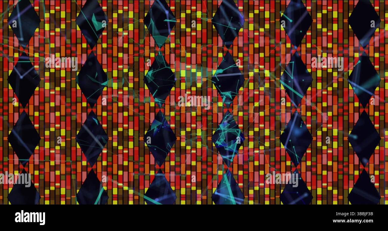 Image of flashing orange shapes over network of connections on black ...