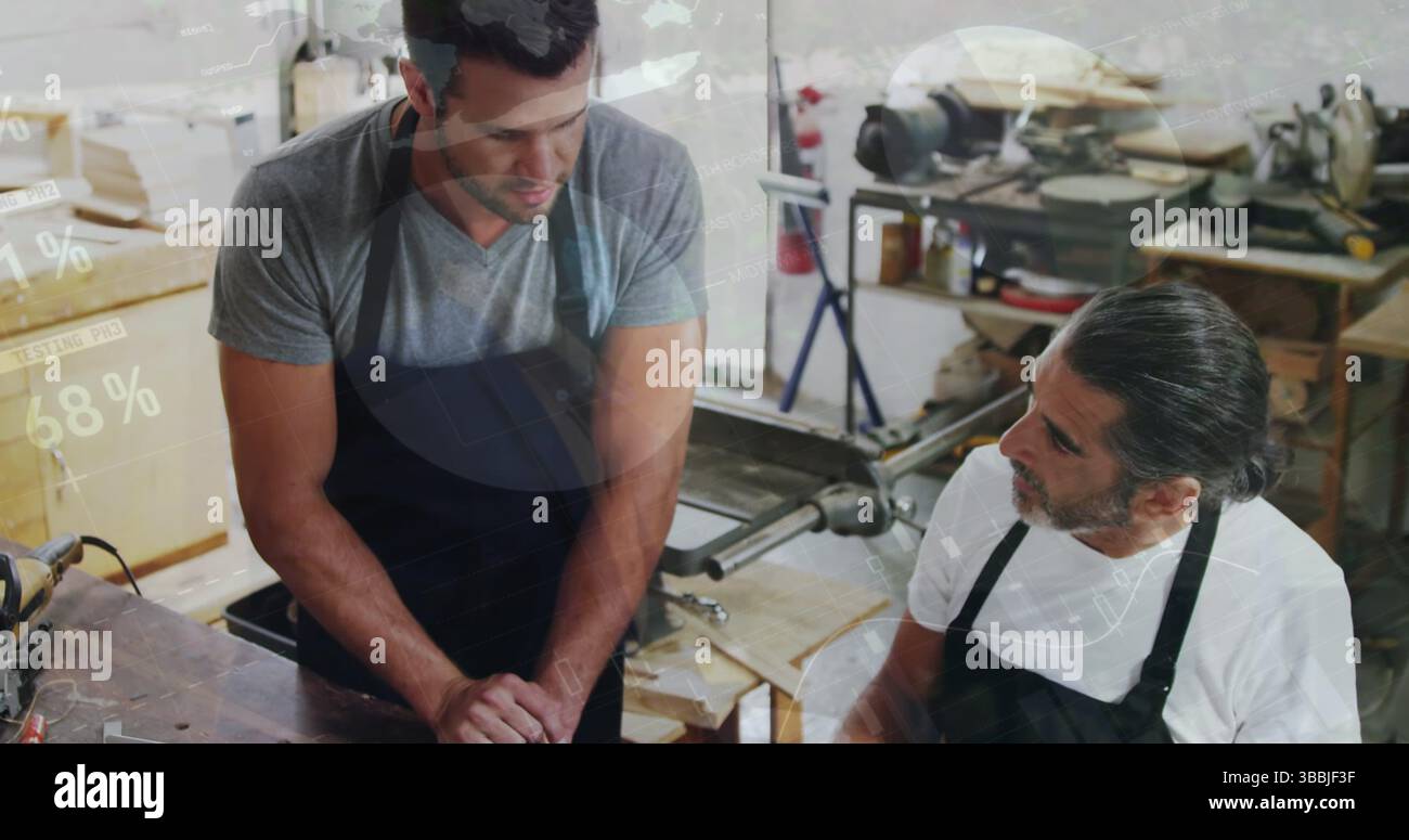 Image of financial graphs over caucasian men working in carpentry ...