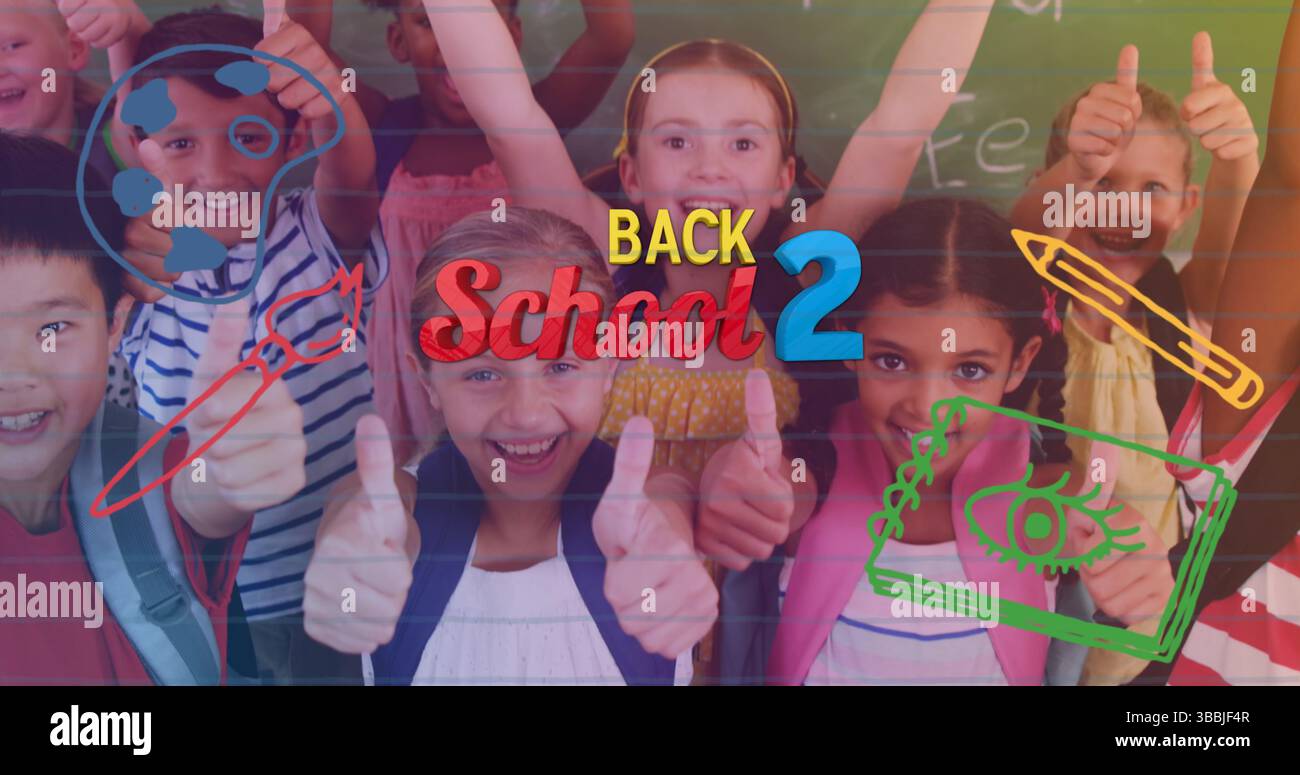 Image of back to school over happy class of diverse pupils cheering ...