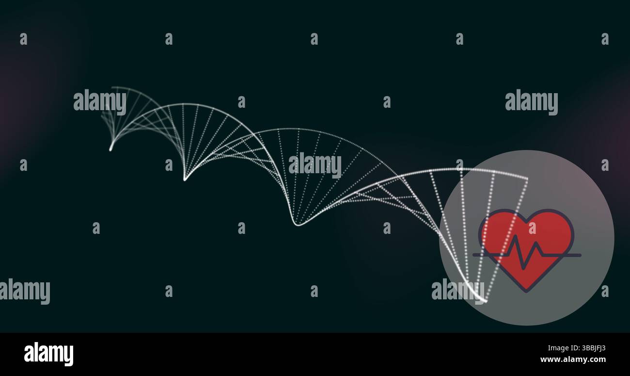 Showing white helix pattern arcing in digital space, with red heart ...