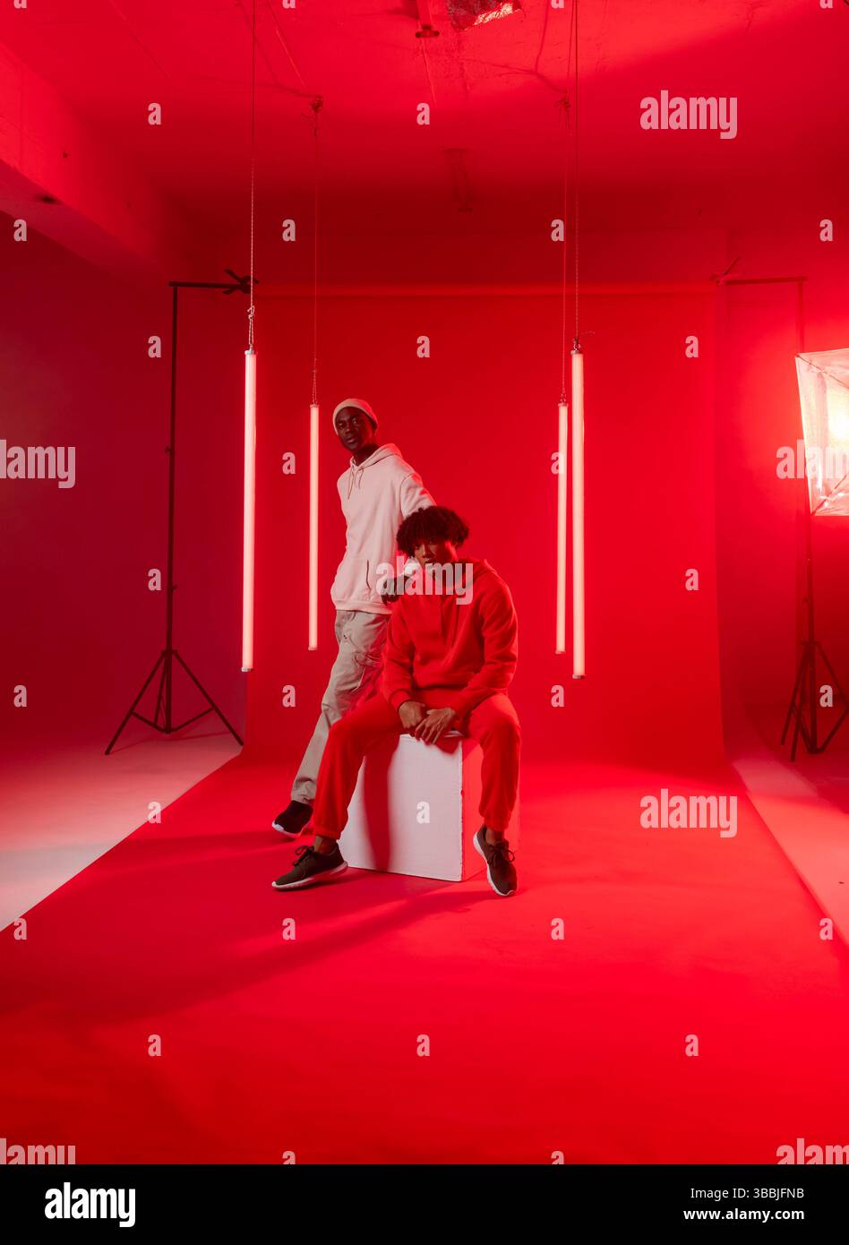 Diverse male friends posing on white cube in photography studio with ...