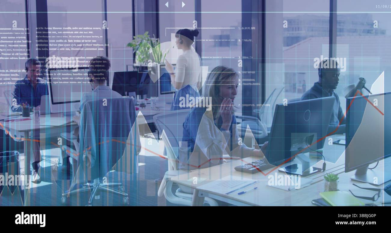 Image of data processing over diverse business people using computers. global business and ...