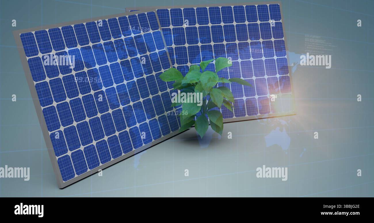 Image of world map over solar panel and plant sampling on blue ...