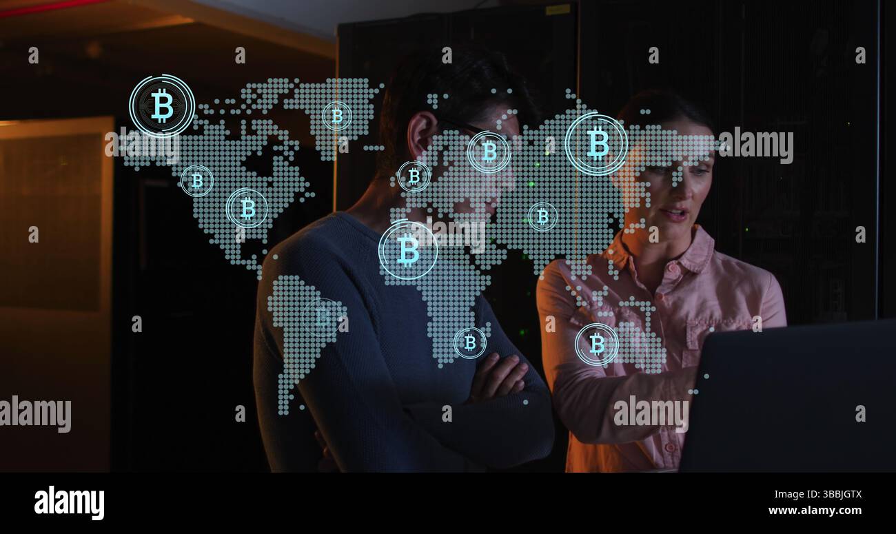 Pointing adult white woman wearing pink shirt showing data on laptop in ...