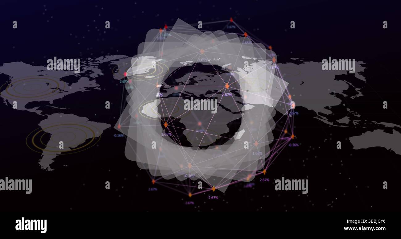 Displaying network overlay on world map data interface, showing glowing nodes and percentage ...