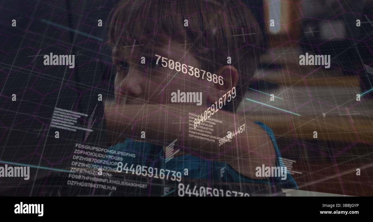 Watching boy in blue hoodie analyzing numeric sequences, code in dimly ...