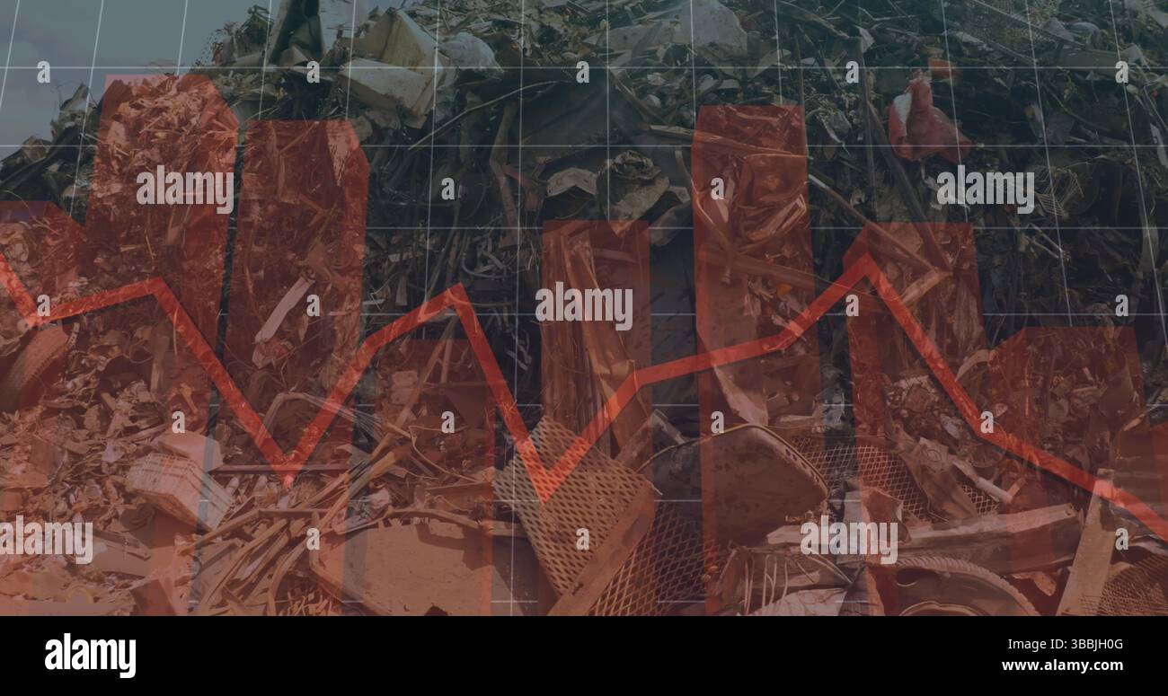 Presenting red bar and line graph grid overlay in scrapyard, with metal ...