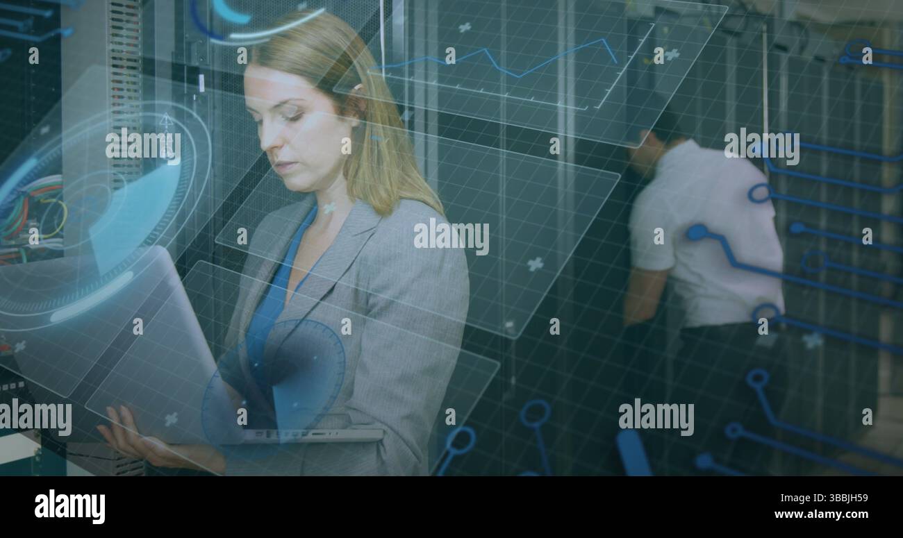 Image of scope scanning, data processing over caucasian it man and woman fixing computer server ...