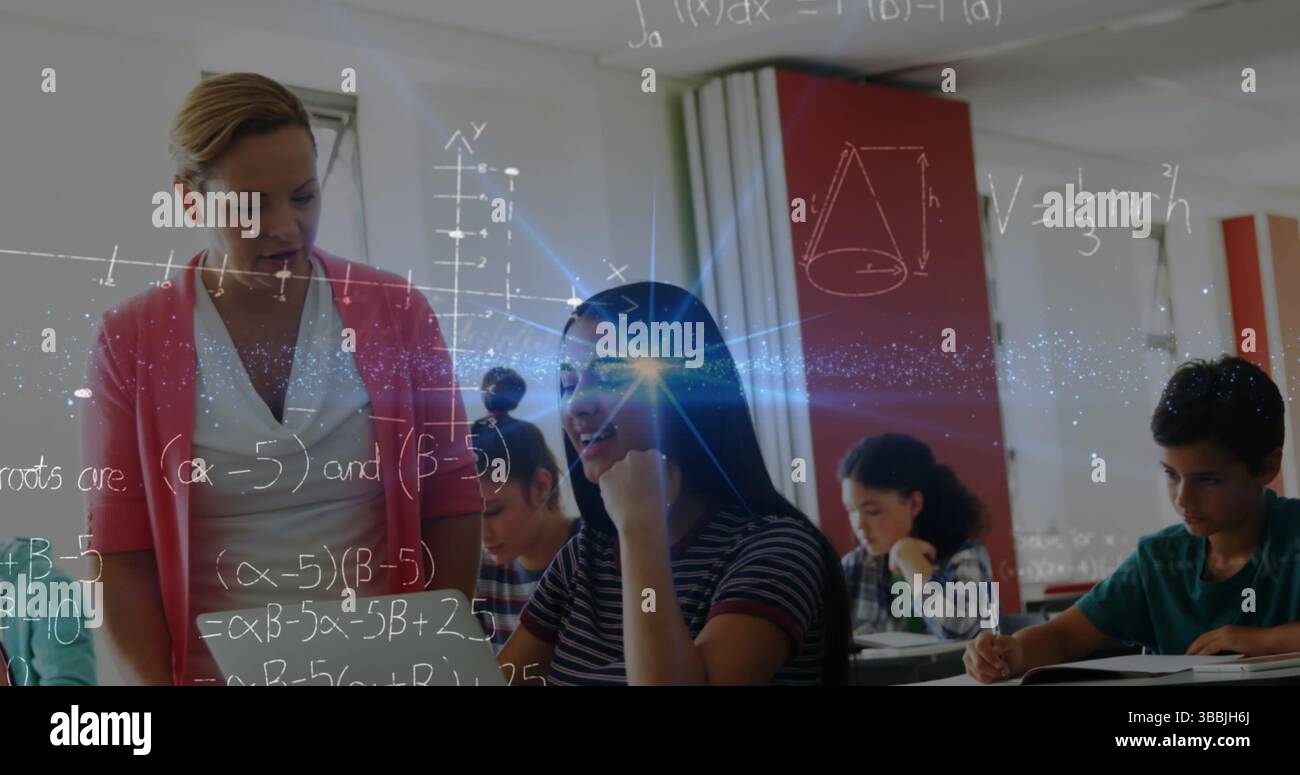 Image of math formulas moving over caucasisan female teacher helping ...