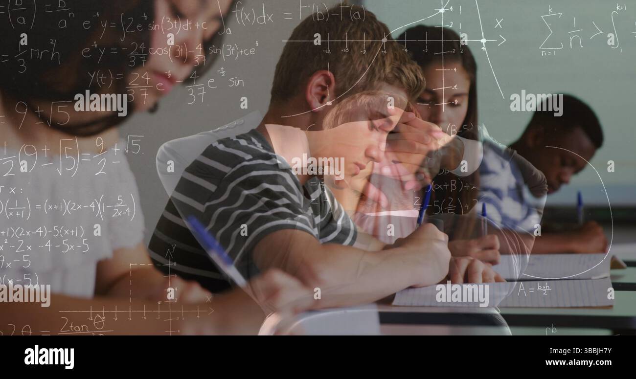 Image of math formulas moving over class of diverse pupils learning at ...