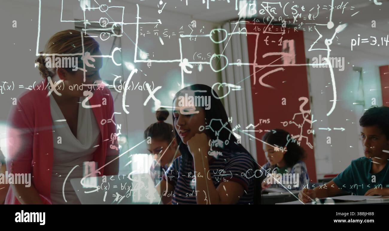 Image of math formulas moving over caucasisan female teacher helping ...