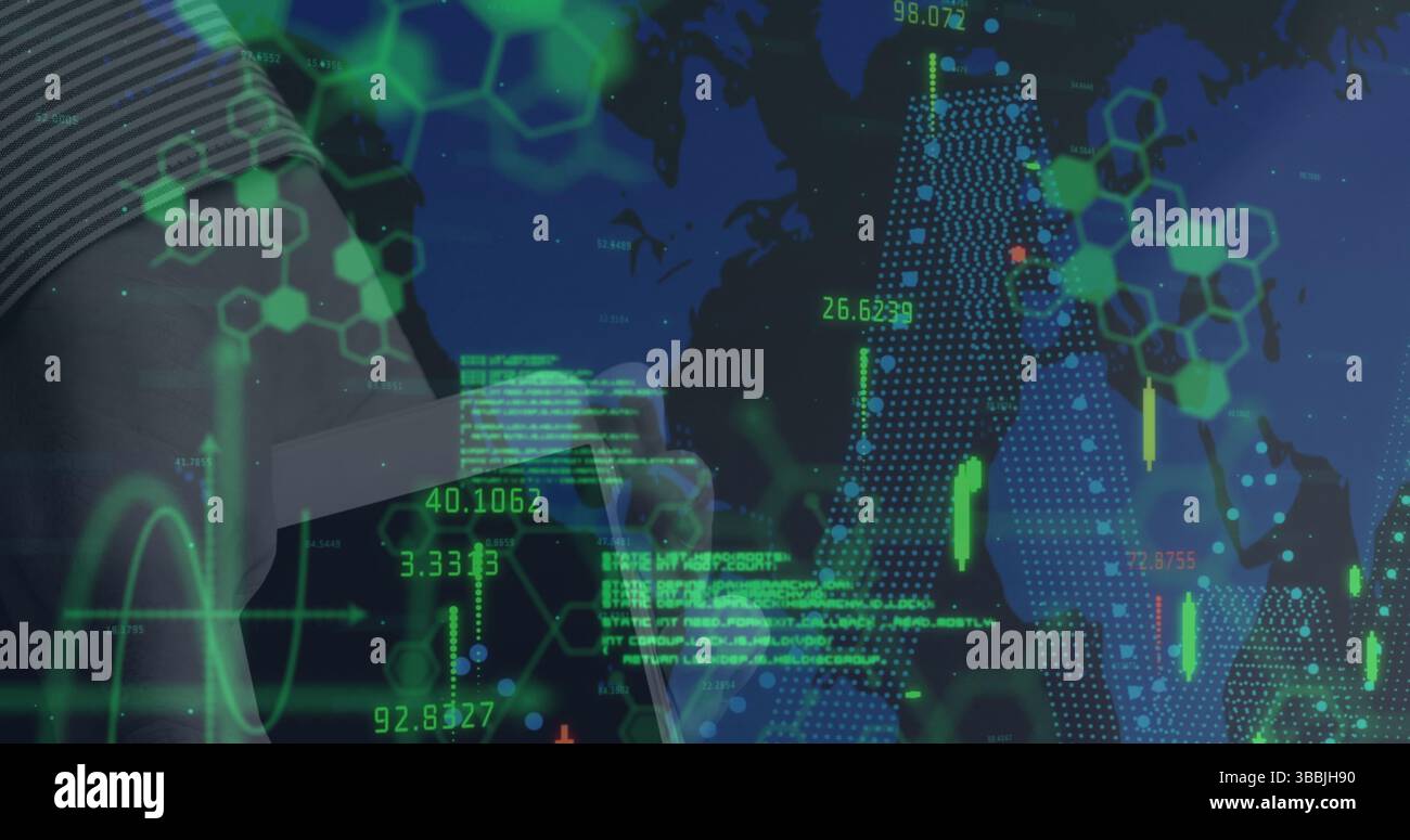 Tapping business professional analyzing tablet in data lab, with ...