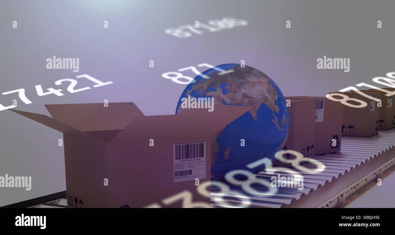 Image of changing numbers over globe and packages Stock Photo - Alamy