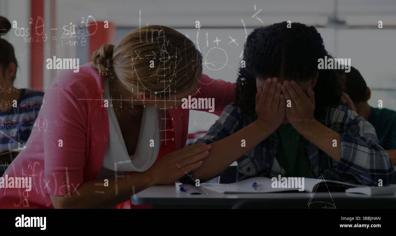 Image of math formulas moving over caucasian female teacher supporting ...