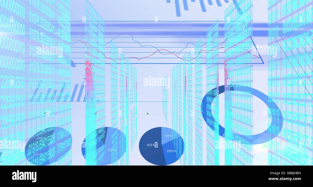 Image of data processing, financial graphs and lights on white ...