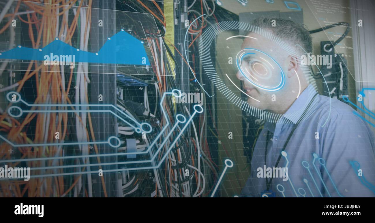 Image of data processing over caucasian server room worker Stock Photo ...