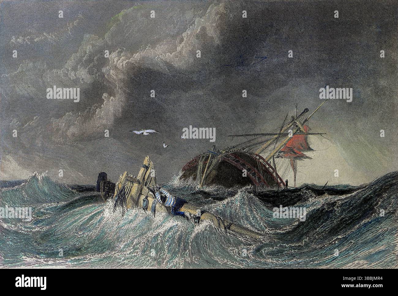 Artist C. Stanfield’s drawing of a sailing ship floundering in stormy ...