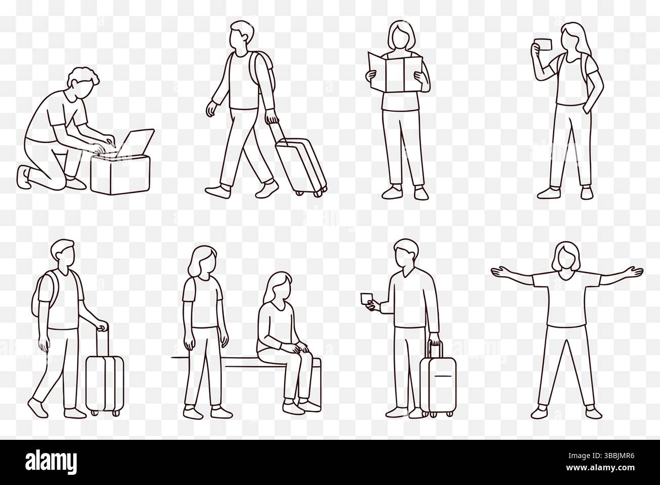 Minimalist Line Art Set of Travel and Exploration – Tourists, Luggage ...